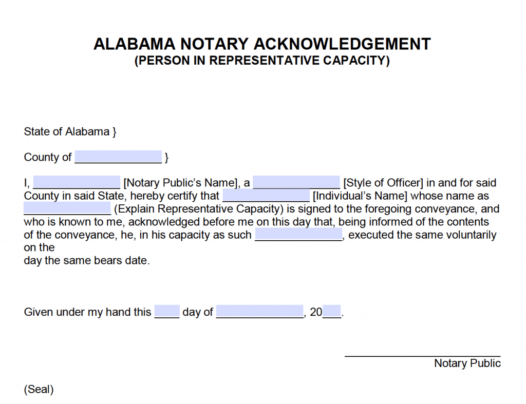 Free Alabama Notary Acknowledgement – Representative Capacity - PDF - Word