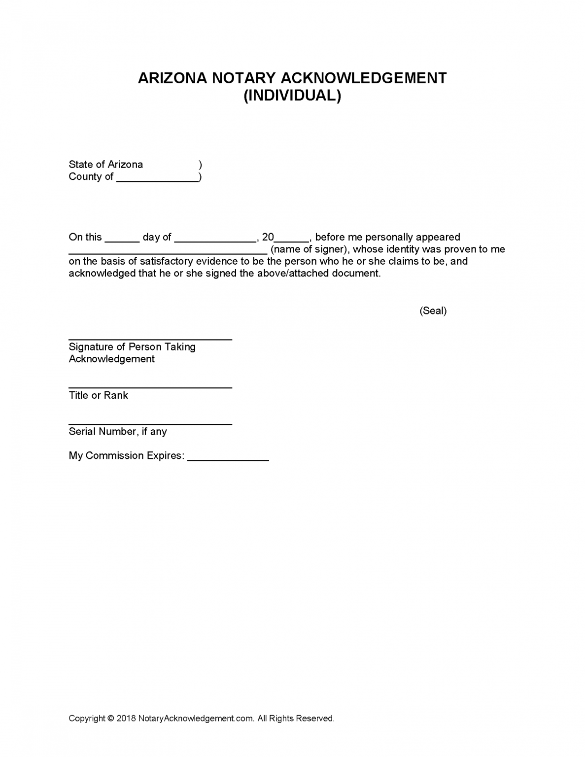 Free Arizona Notary Acknowledgement - Individual Known to Notary - PDF ...
