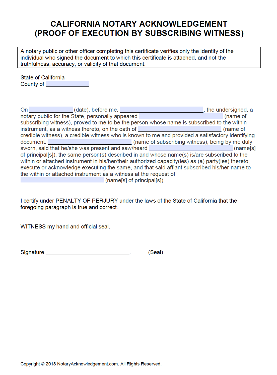 Free California Notarial Certificate Proof Of Execution By 