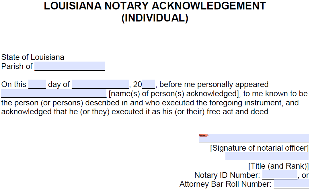 Free Louisiana Notary Acknowledgement Individual PDF Word