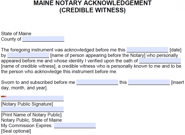 Free Maine Notary Acknowledgement - Credible Witness - PDF - Word