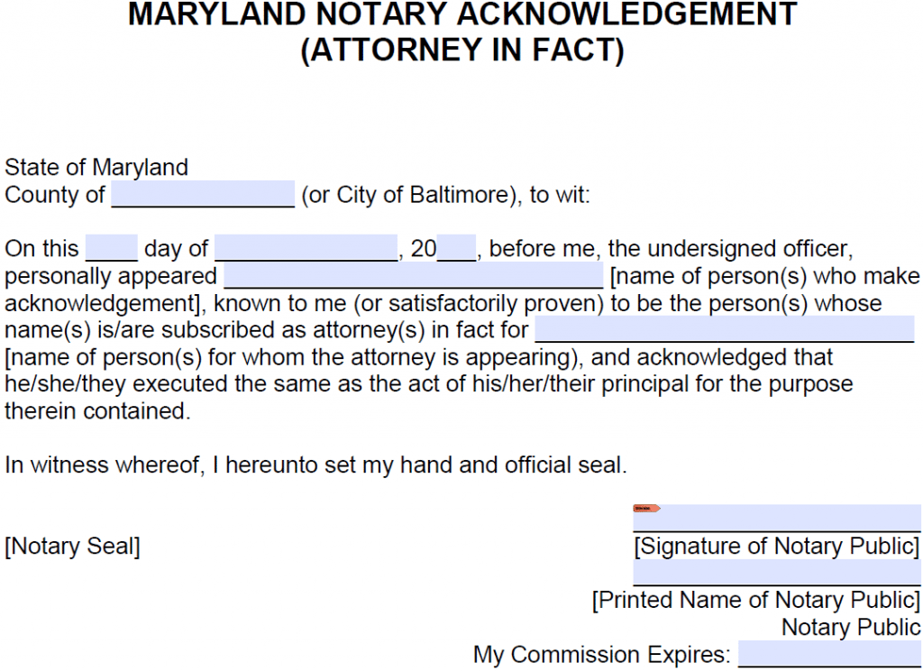 Free Maryland Notary Acknowledgement Attorney In Fact PDF Word Free Maryland Notary Acknowledgement Attorney In Fact PDF Word