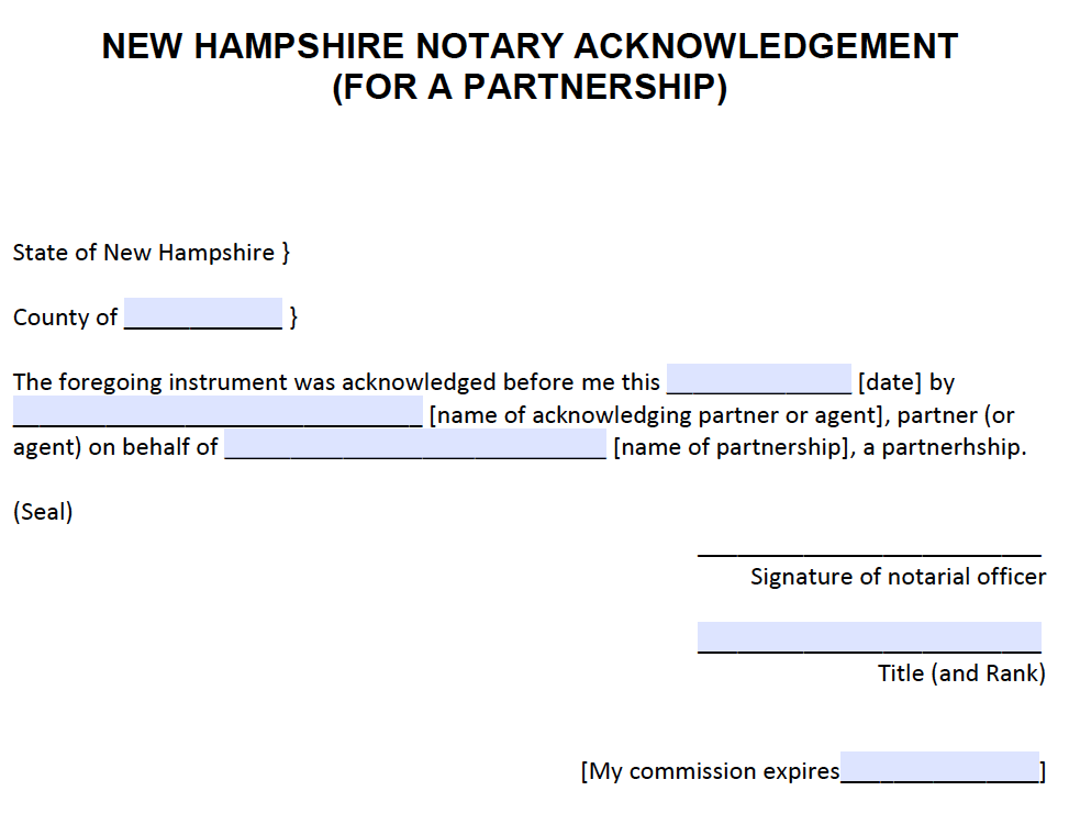 Free New Hampshire Notary Acknowledgement for a Partnership - PDF - Word
