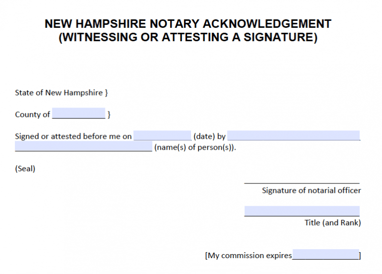 Free New Hampshire Notarial Certificate – Witnessing or Attesting a ...