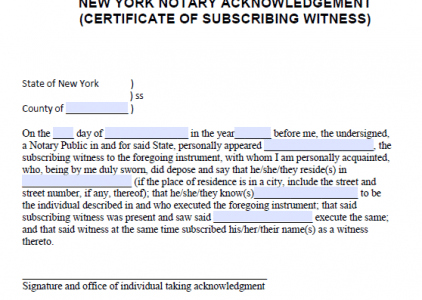 Free New York Notary Acknowledgement – Uniform Certificate - PDF - Word