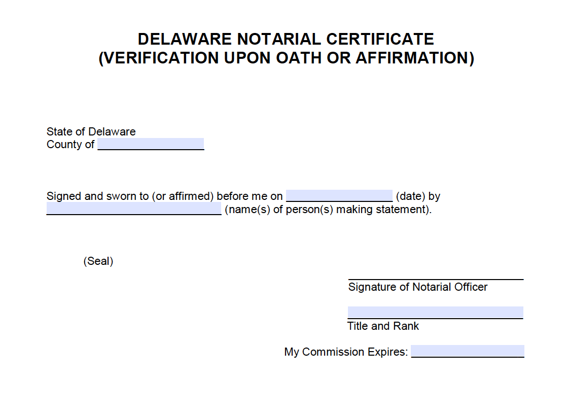 Free Delaware Notarial Certificate Verification Upon Oath Or