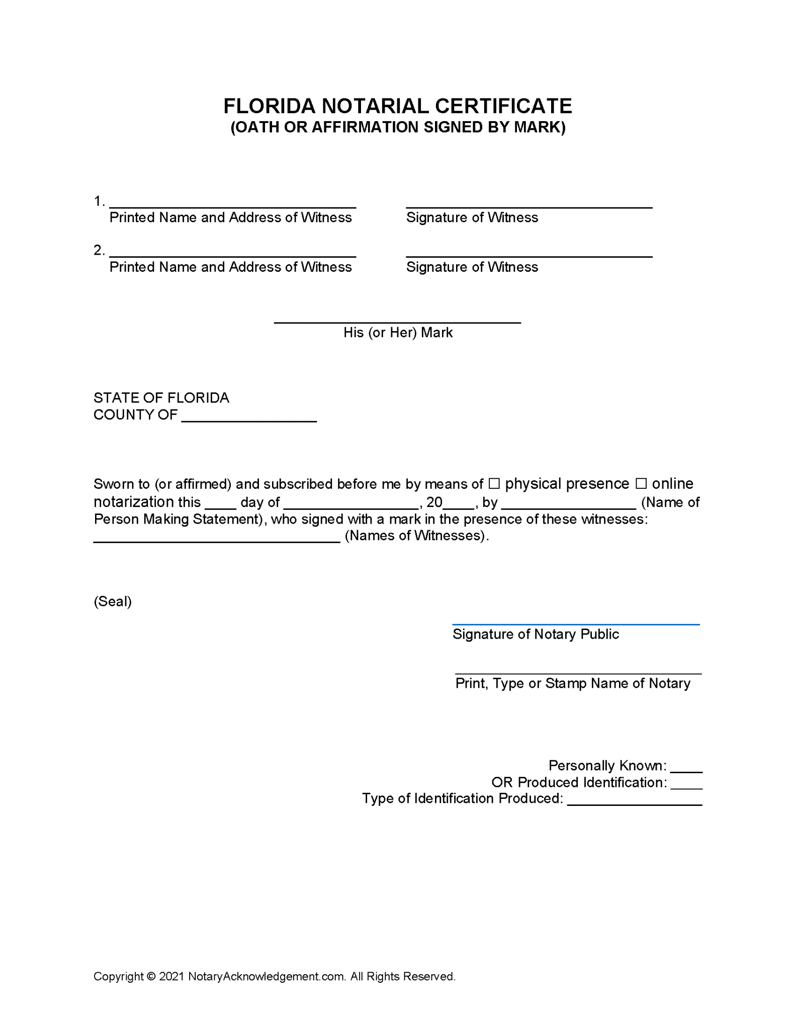 Free Florida Notary Acknowledgement Forms - PDF - Word