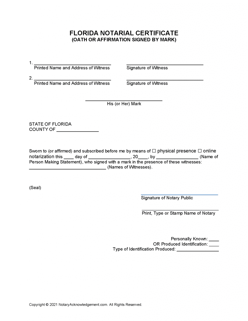 Free Florida Notarial Certificate Oath Or Affirmation Signed By Mark 