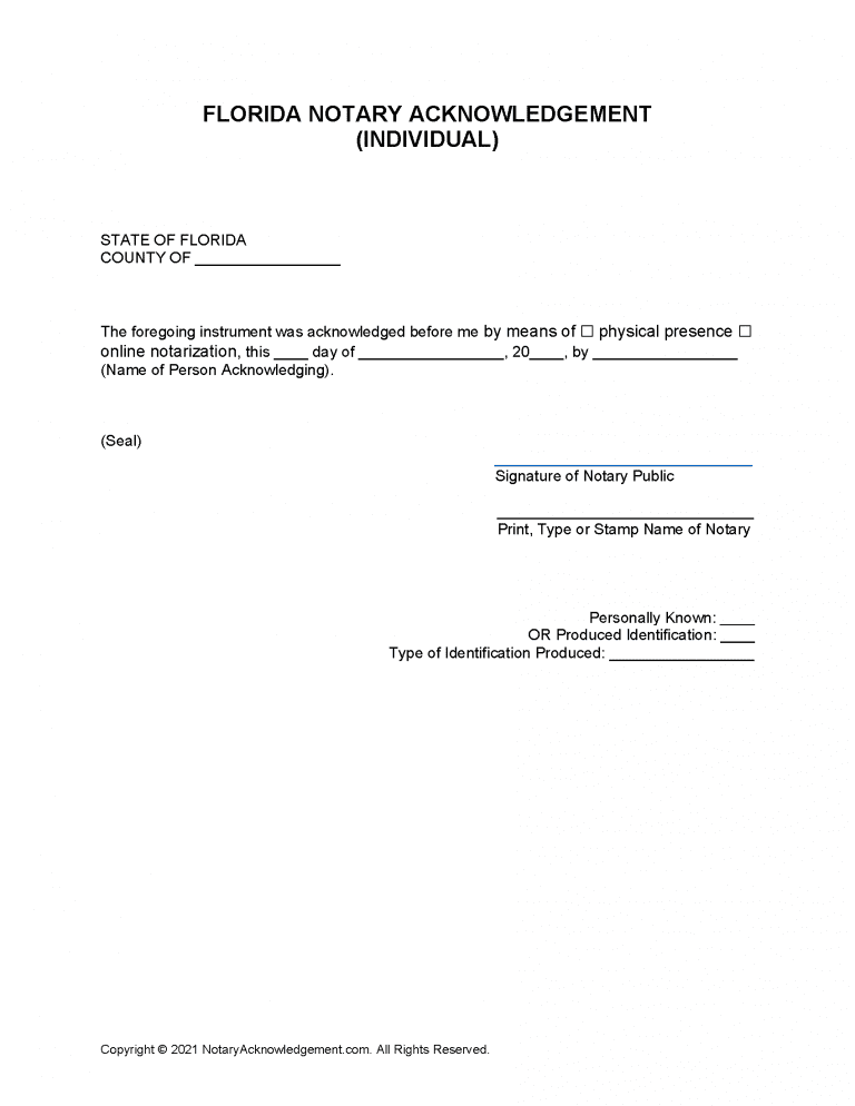 Free Florida Notary Acknowledgement - Individual - PDF - Word