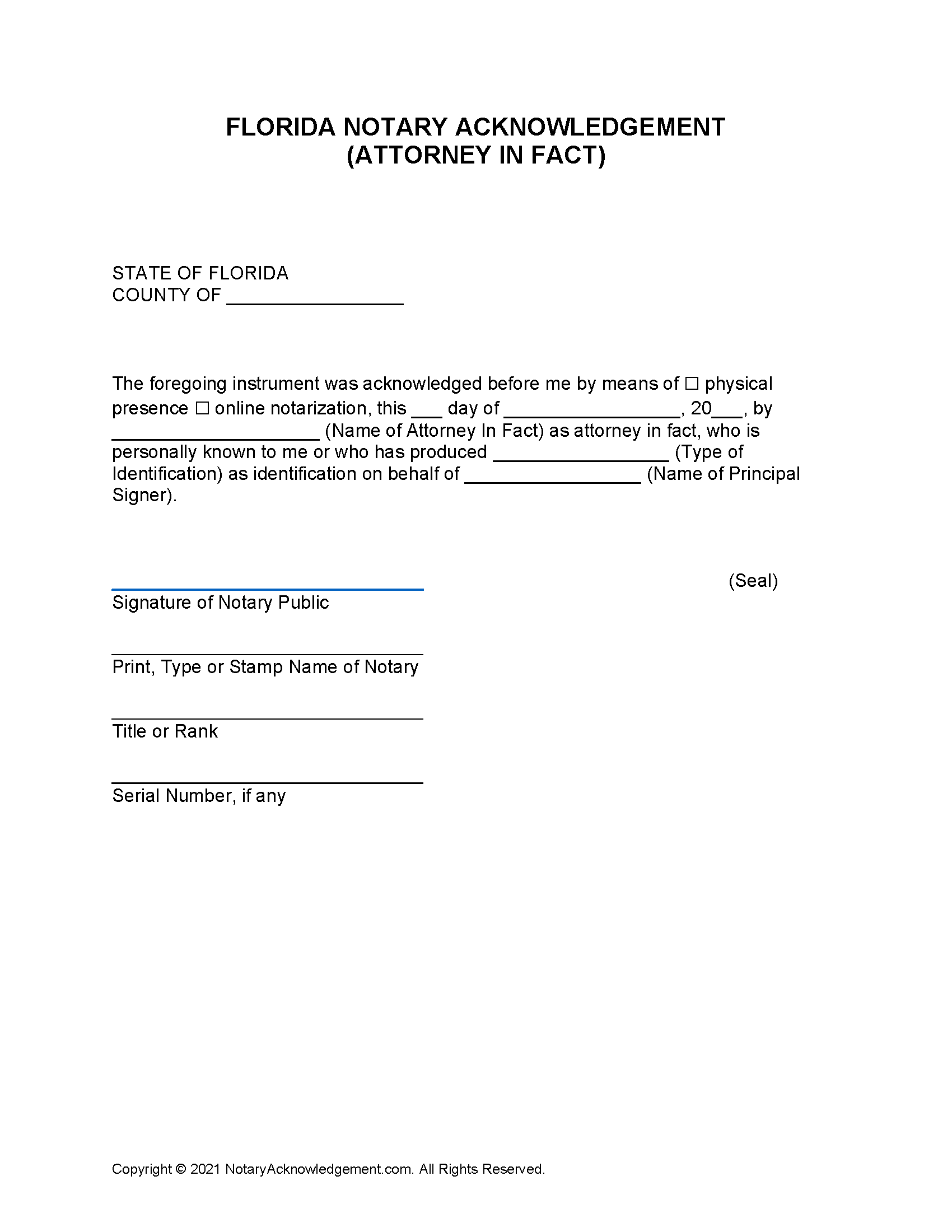 Free Florida Short Form Notary Acknowledgement Attorney In Fact PDF 