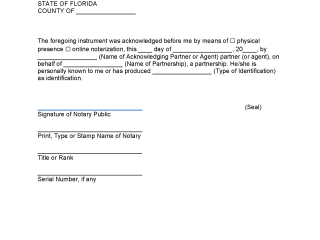 Free Florida Short Form Notary Acknowledgement - Partnership - PDF - Word