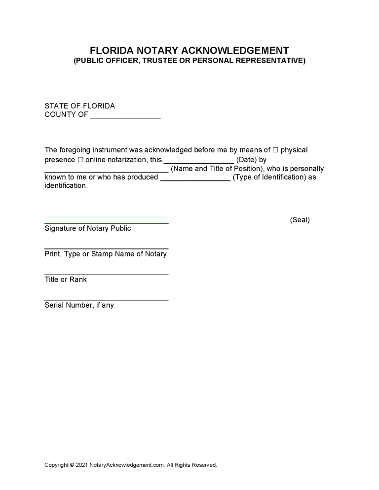 Free Florida Short Form Notary Acknowledgement Public Officer 