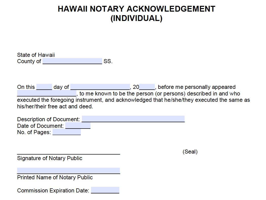 Free Hawaii Notary Acknowledgement Individual PDF Word