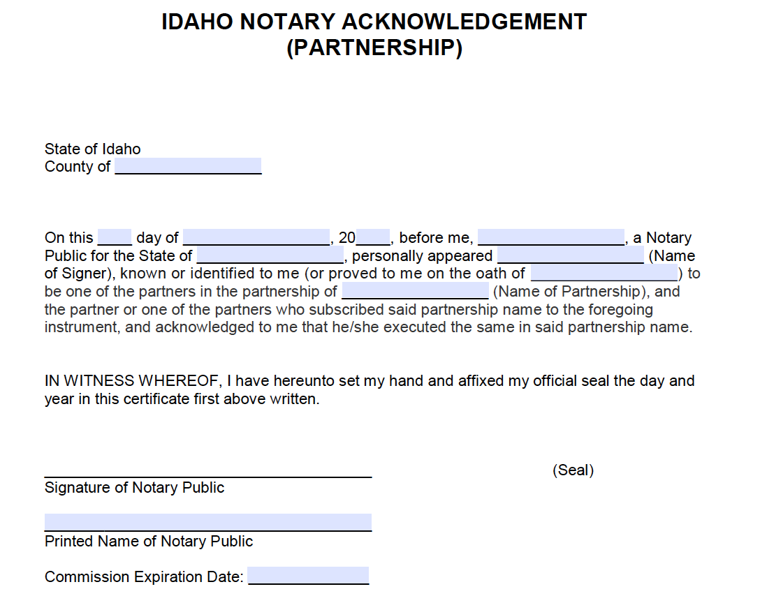 Free Idaho Notary Acknowledgement - Partnership - PDF - Word