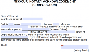 Free Missouri Notary Acknowledgement - Corporation - PDF - Word