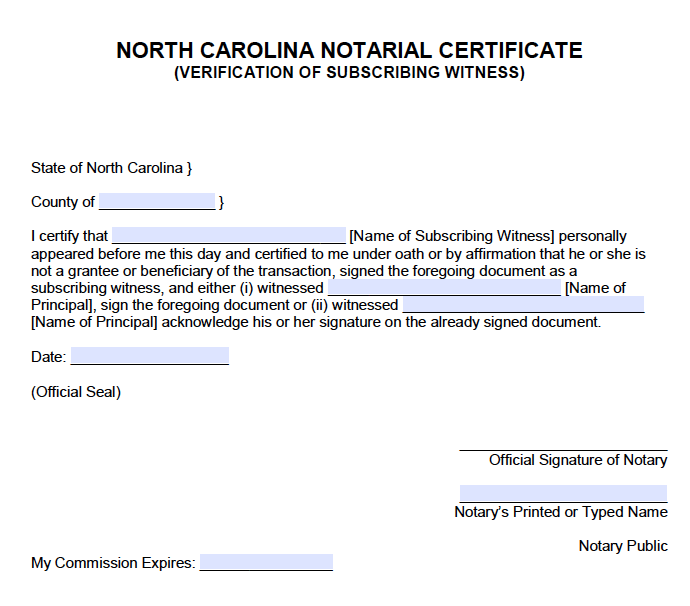Free North Carolina Notarial Certificate Verification Of Subscribing Free North Carolina Notarial Certificate Verification Of Subscribing