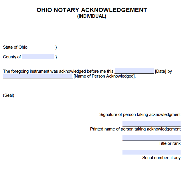 Free Ohio Individual Notary Acknowledgement PDF Word