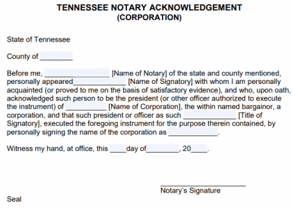 Free Tennessee Notary Acknowledgement - Individual - PDF - Word
