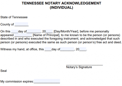 Free Tennessee Notarial Certificate - Affidavit - PDF - Word