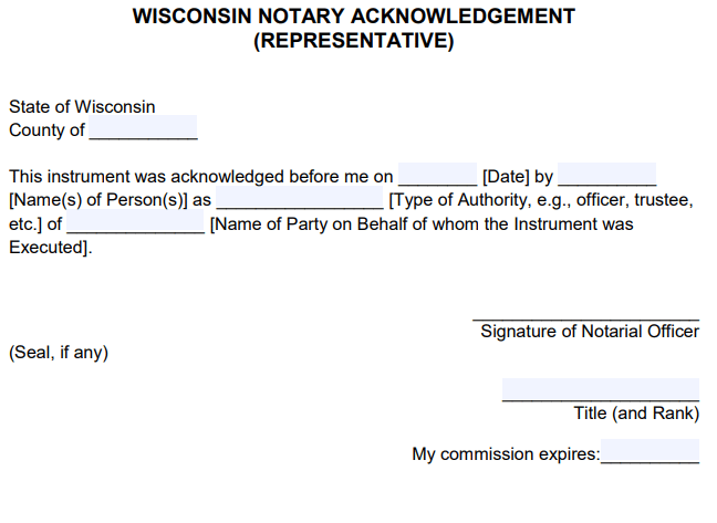 Free Wisconsin Notary Acknowledgement Representative PDF Word